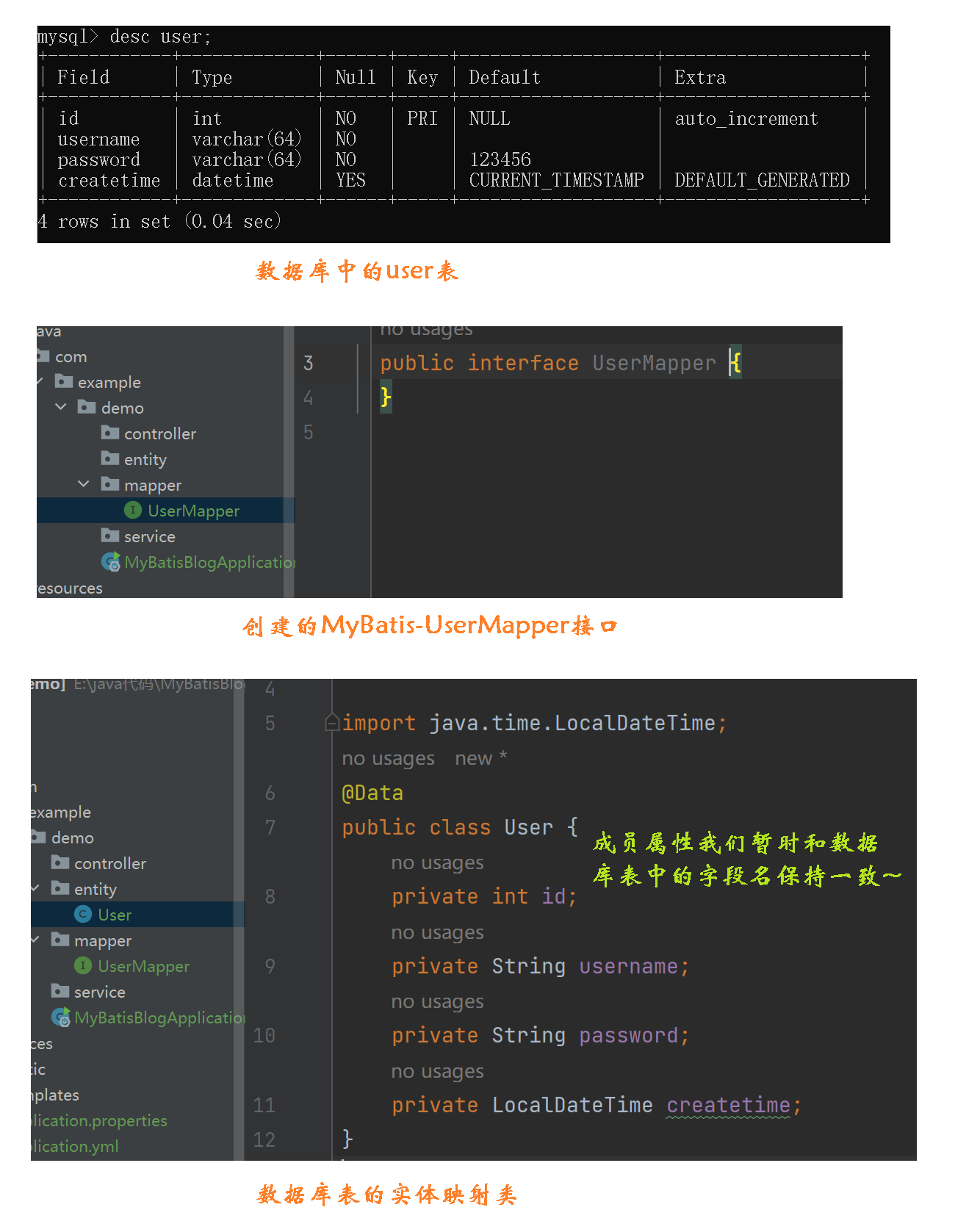 Mybatis操作数据库表和动态sql的使用usermapperxml 中实现sql语句的编写。 1、完成insert接口根据传入的参数