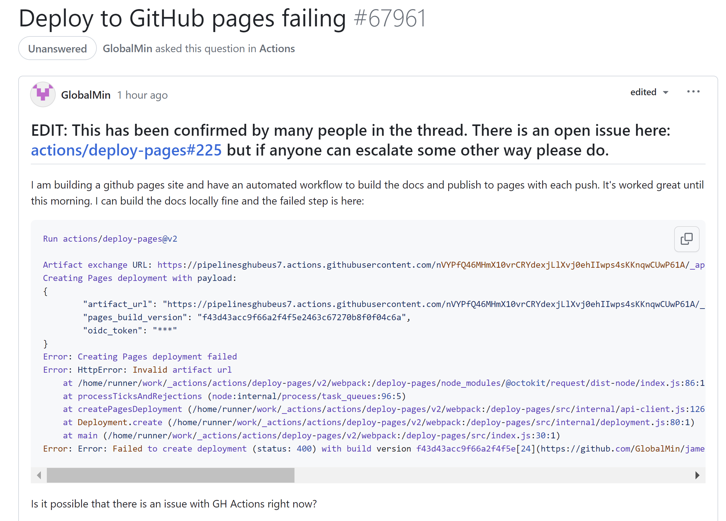 【Github Page】报错 Error: Creating Pages deployment failed Error: HttpError: Invalid artifact url ...
