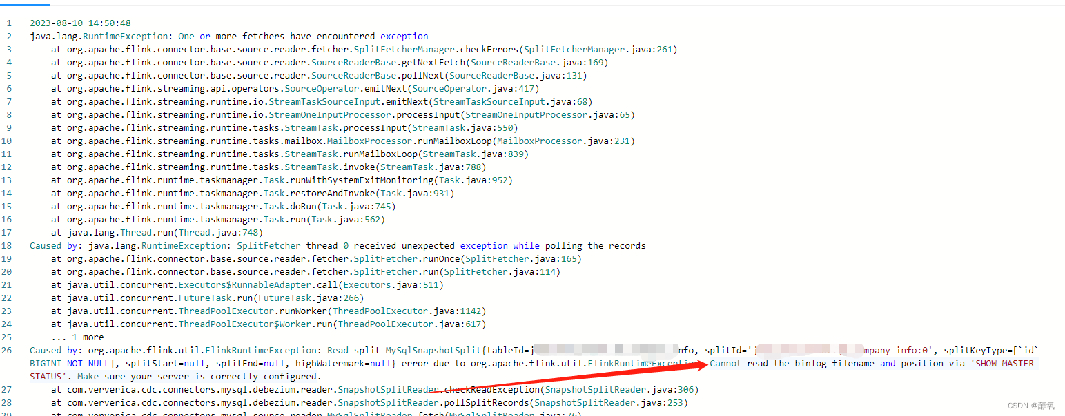 【flinkCDC】Cannot read the binlog filename and position via ‘SHOW MASTER STATUS‘_caused by: org ...
