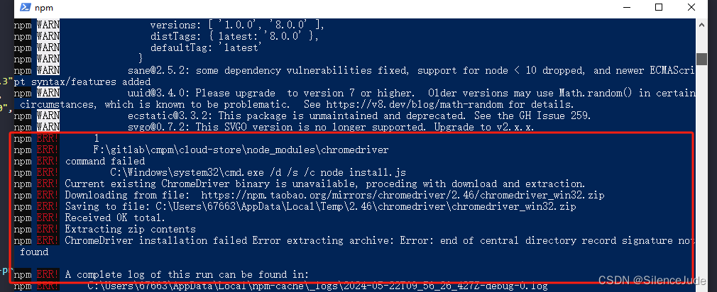 npm ERR! path F:\gitlab\cmpm\cloud-store\node_modules\chromedrivernpm ERR! command failed 处理办法 ...
