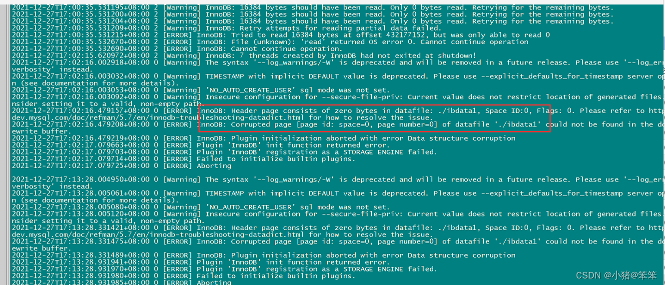 docker 安装mysql 报错 header page consists of zero bytes in datafile ...