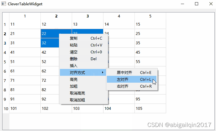 PyQt6 优化操作：QTableWidget 增加右键菜单，支持对选中区域内容的复制、粘贴、清空、插入、删除、设置对齐方式等操作_qtablewidget右键弹出菜单-CSDN博客