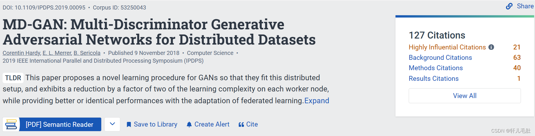 【论文阅读】MD-GAN: Multi-Discriminator Generative Adversarial Networks for Distributed Datasets_mdgan ...