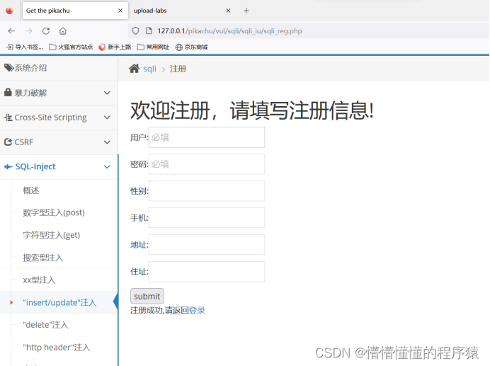 Pikachu靶场 Sql Inject Insertupdatedelete Header注入盲注【45】~【49】insert Sql注入 Csdn博客