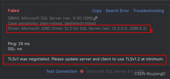 DataGrip2023配置连接Mssqlserver、Mysql、Oracle若干问题解决方案_tlsv1 was negotiated. please update server and ...