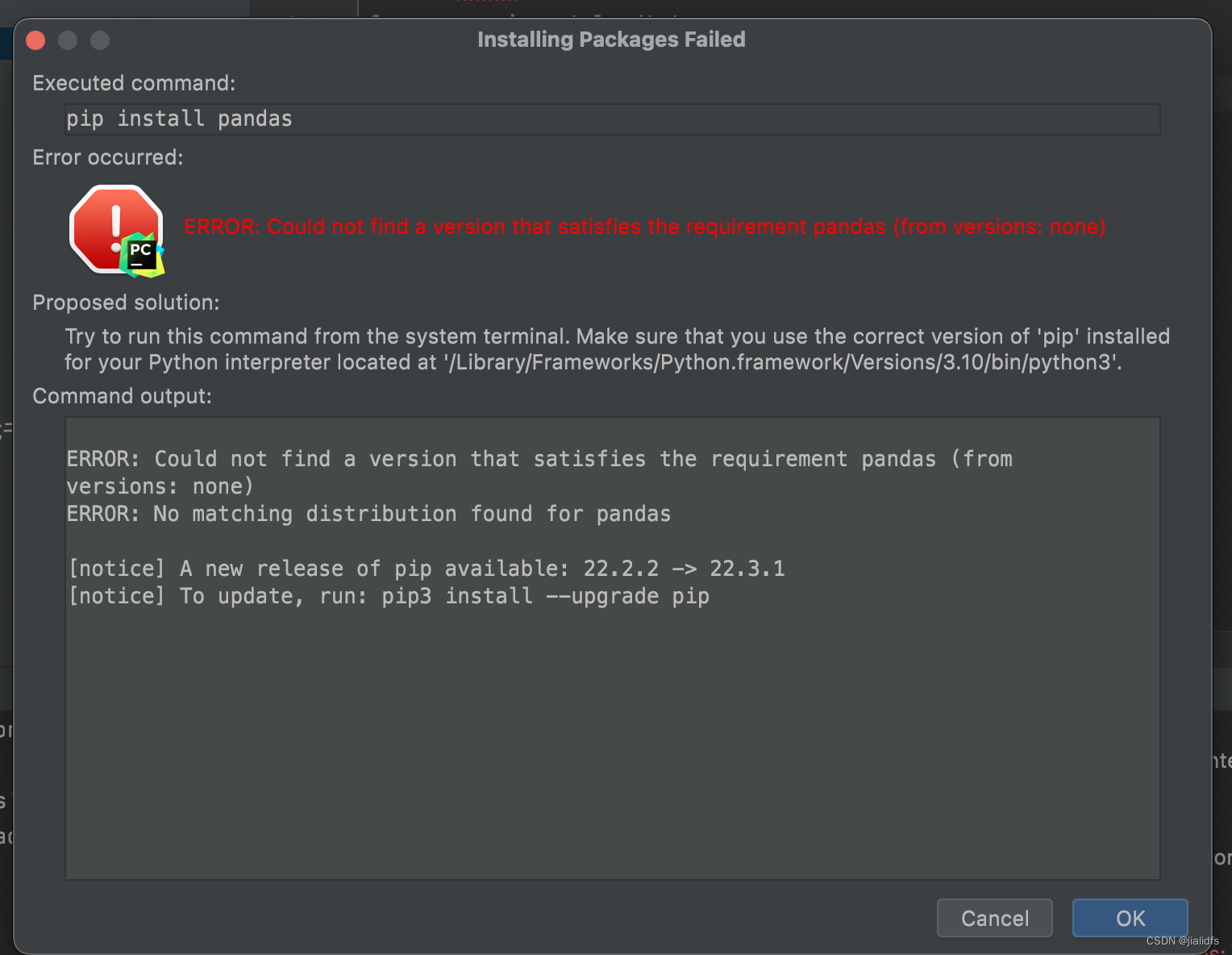 Mac上：Could not find a version that satisfies the requirement pandas ...