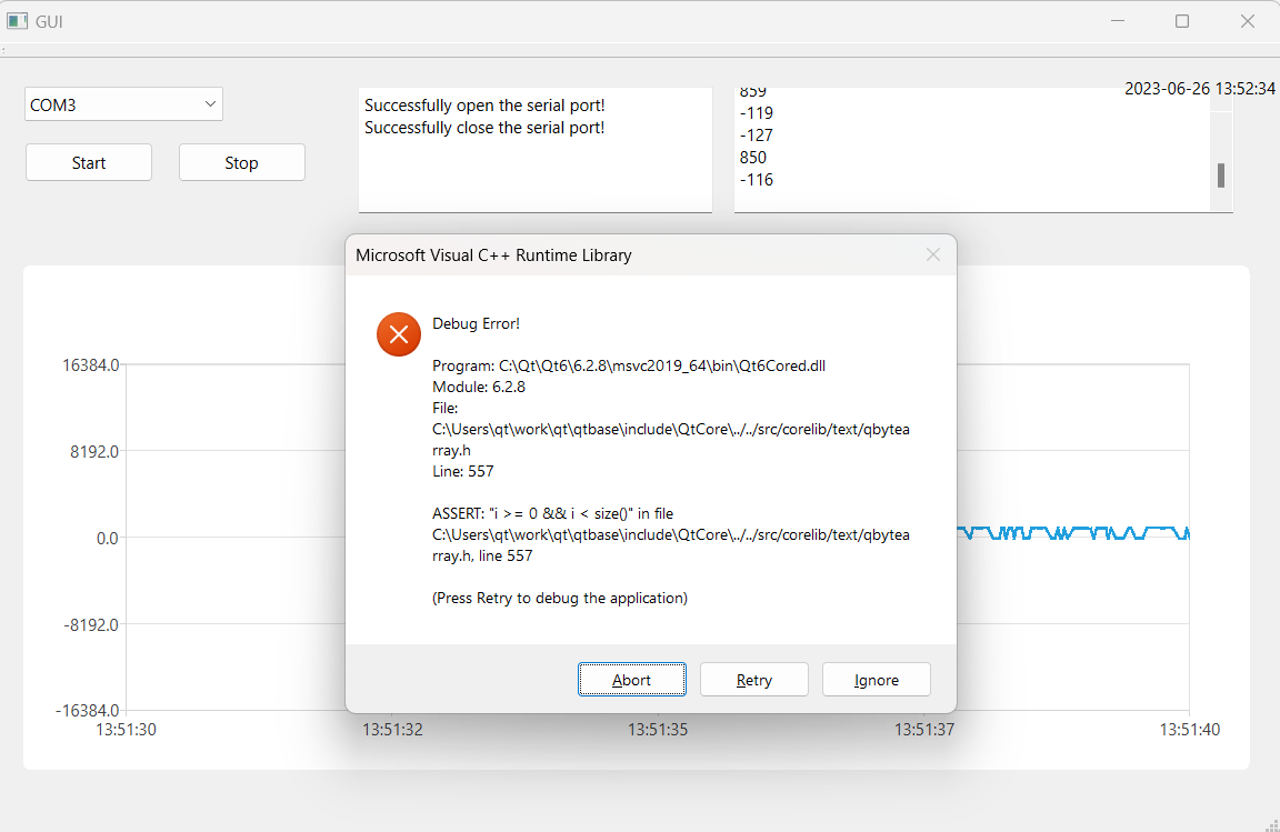 【Visual Studio】报错 ASSERT: “i ＞= 0 && i ＜ size()“，使用 C++ 语言，配合 Qt 开发串口通信界面_assert: "i >= 0 && i