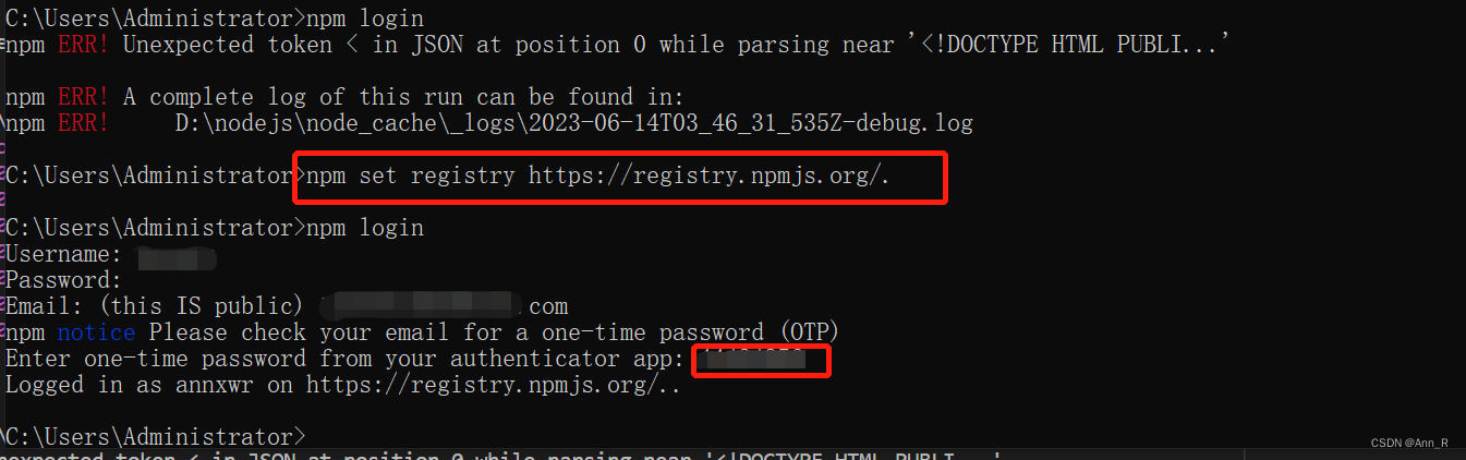 npm login 报错Unexpected token ＜ in JSON at position 0 while parsing near ‘＜!DOCTYPE HIML PUBLI ...