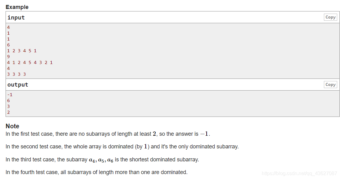 codeforces 1257C Dominated Subarray_cin>>n; for(i=1;i >a[i]; for(i=1;i