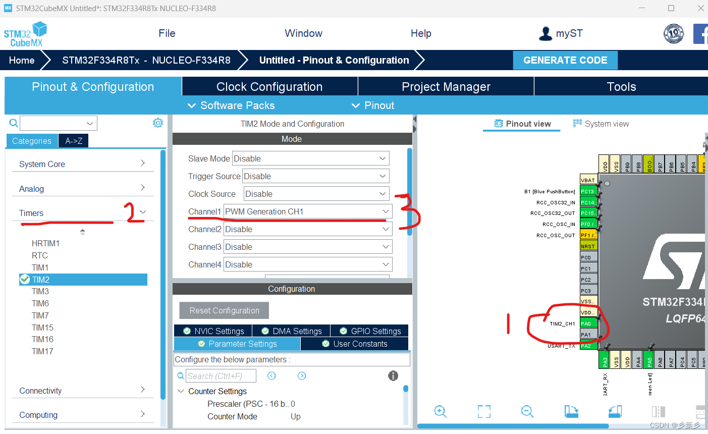使用Stm32CubeMX配合Stm32F334nucleo板-TIM定时器模块输出PWM波_stm32f334定时器引脚-CSDN博客
