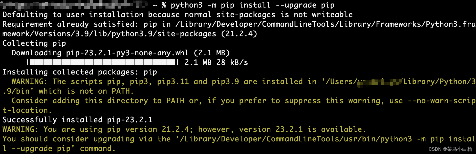 【MAC】WARNING: The scripts pip, pip3, pip3.11 and pip3.9 are installed in ‘/Users/yangxinyu ...