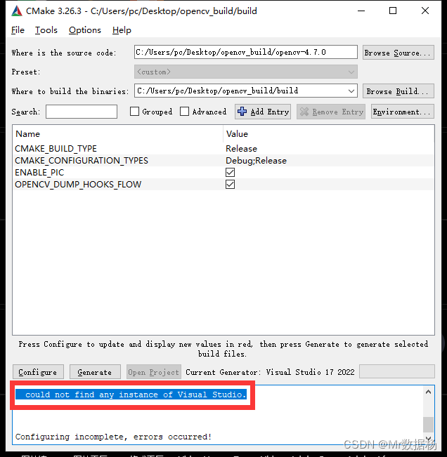 解决CMake时 could not find any instance of Visual Studio_could not find any instance of visual ...