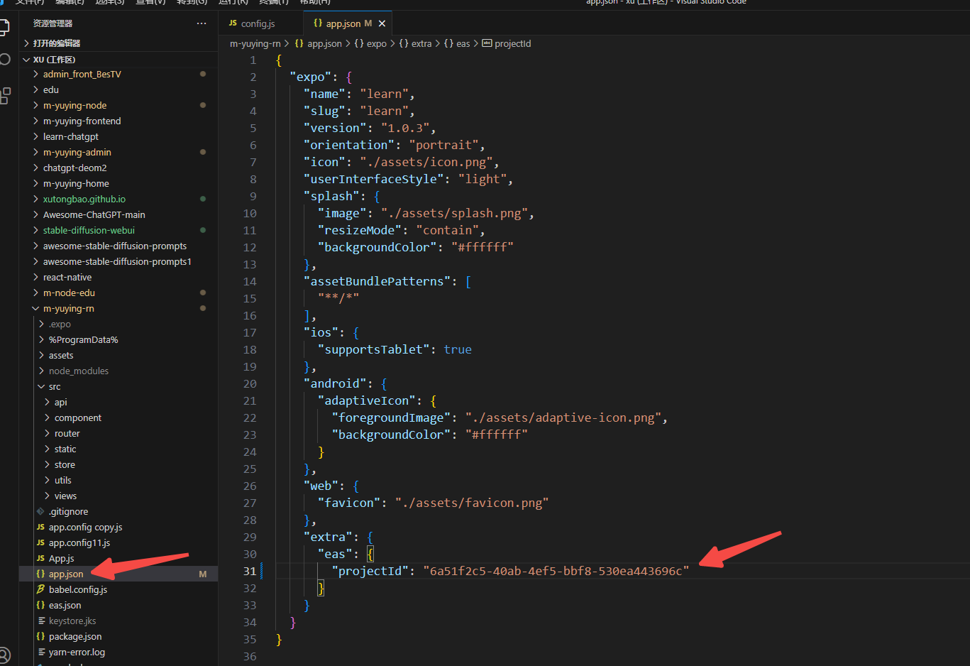 Project config: Slug for project identified by “extra.eas.projectId“ (m-yuying-rn5) does not ...