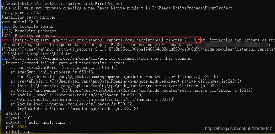 React-native 初始化项目时报错 Command `yarn add react-native --exact` failed_command `yarn add react ...