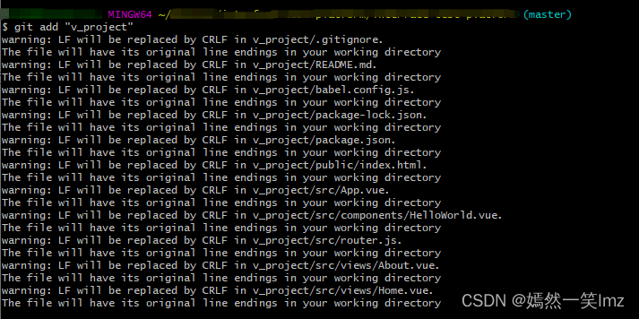 【git】git add时，warning: LF will be replaced by CRLF in v_project/.gitignore._git add 之后将换行符由crlf ...