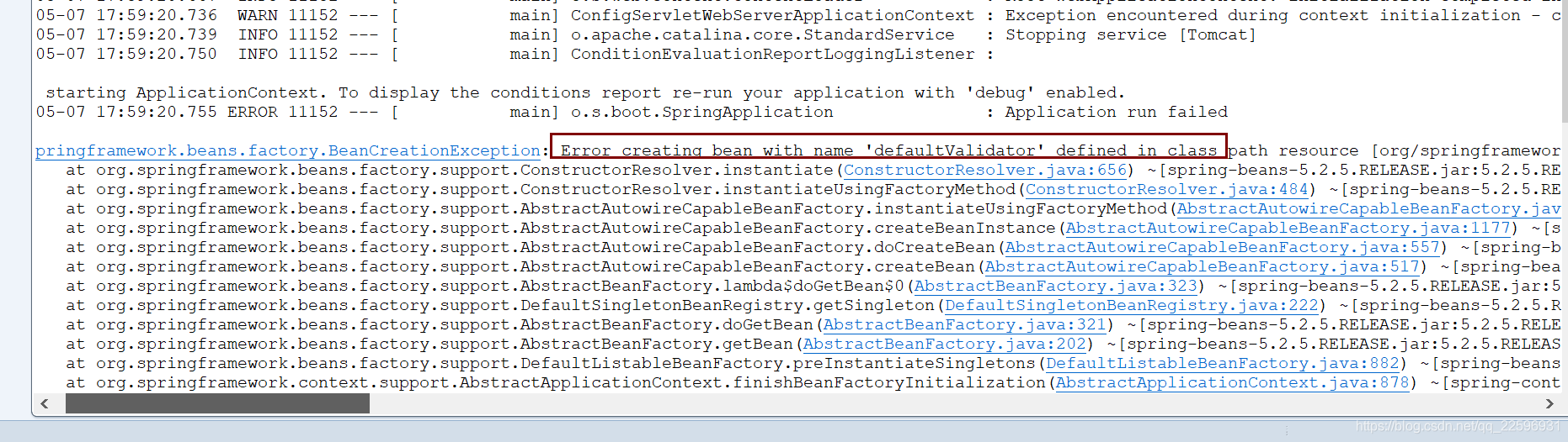 Spring Boot 启动报错：Error creating bean with name 'defaultValidator' defined in class path resource ...