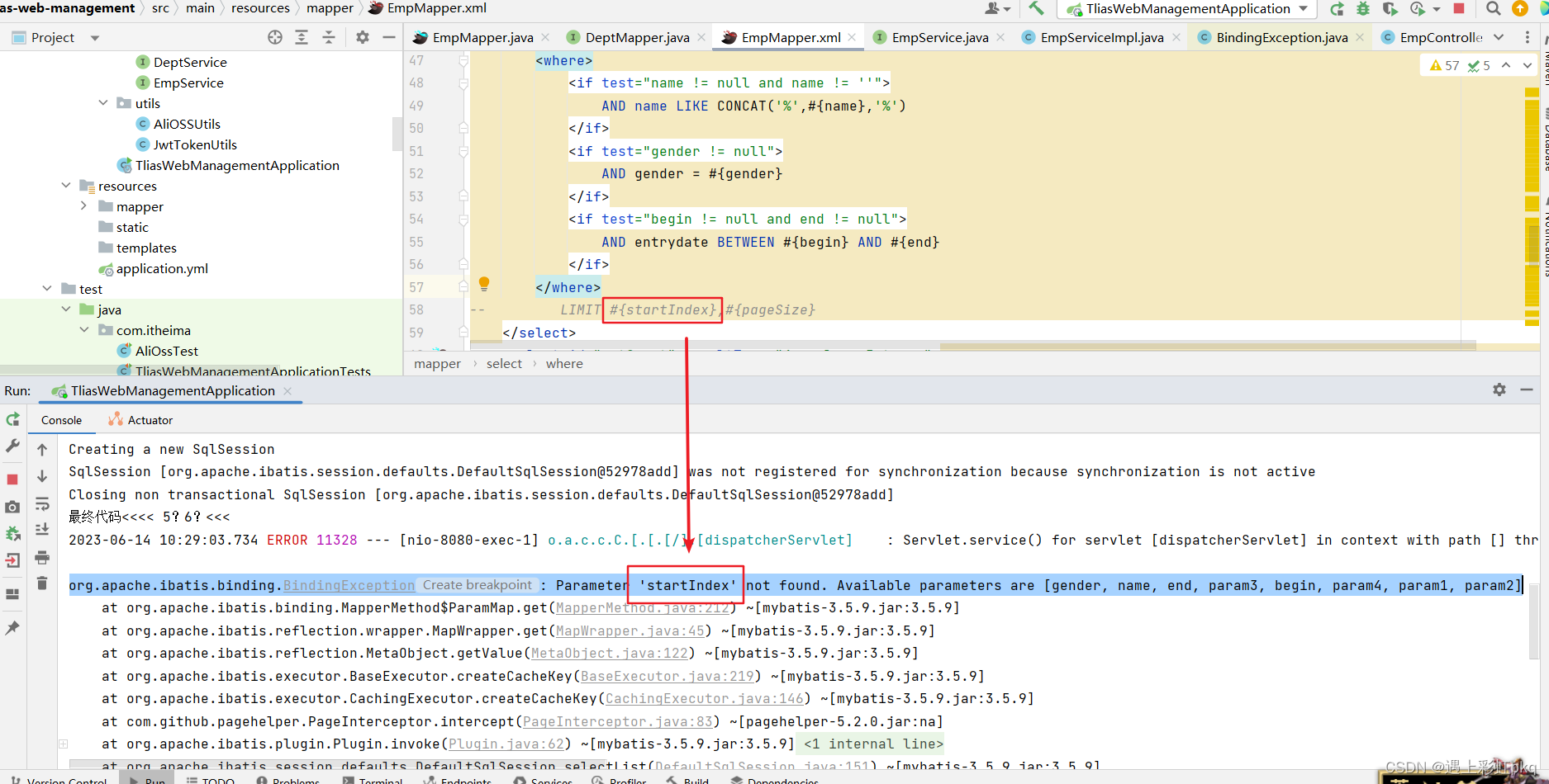 org.apache.ibatis.binding.BindingException: Parameter ‘startIndex‘ not ...