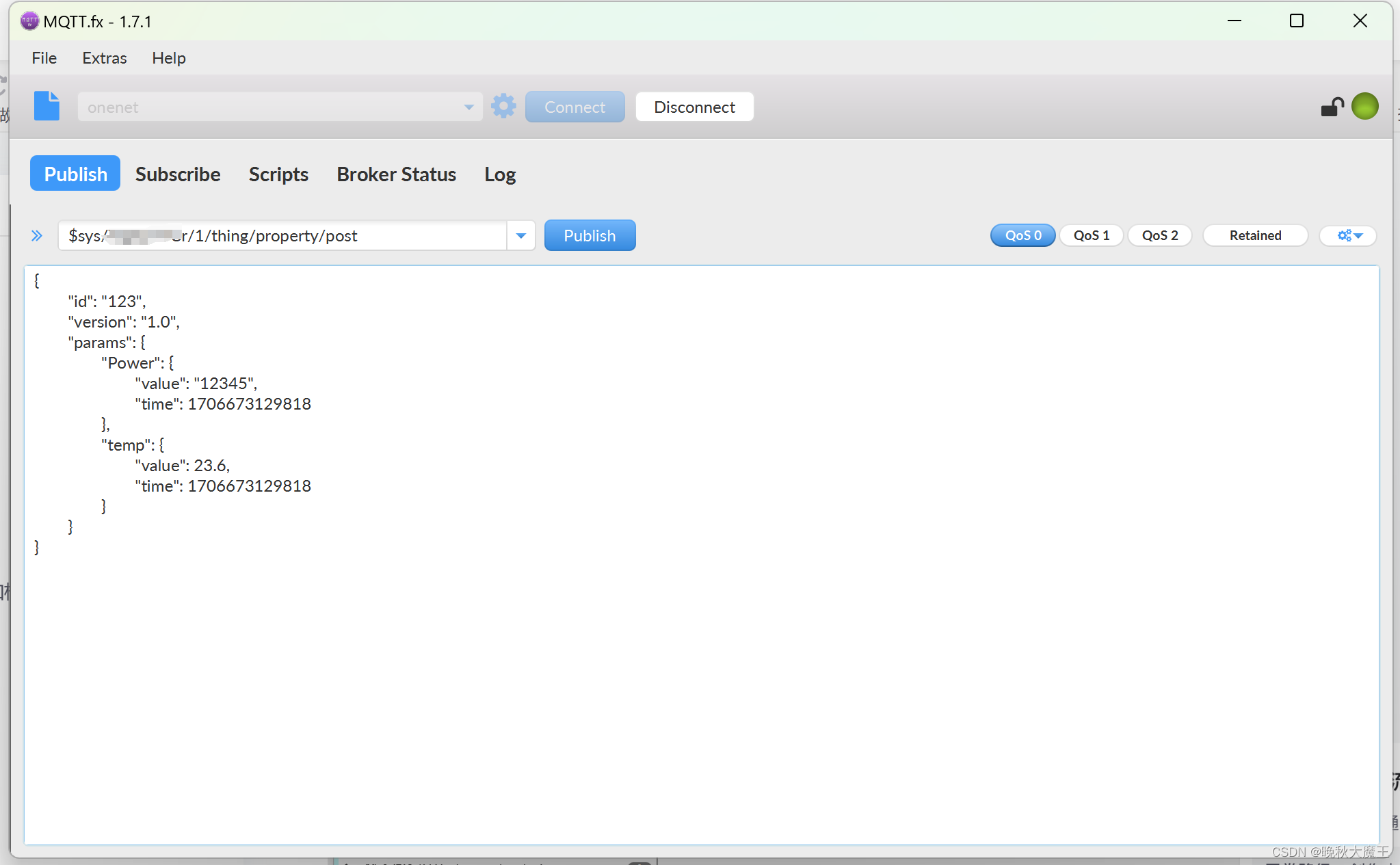 onenet平台使用日记——mqttfx连接onennet执行消息上报与下发。_怎么通过 onenet下发数据-CSDN博客