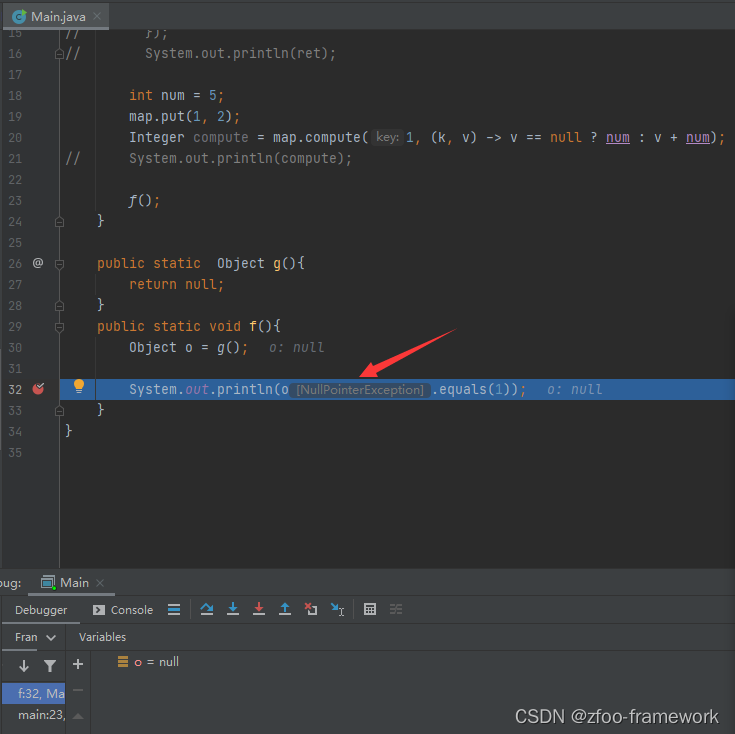 npe定位技巧 1.为了性能，idea并不会打印出来哪个是空指针 2.加了断点，idea会提示出来哪个是空指针_idea 检测npe插件-CSDN博客