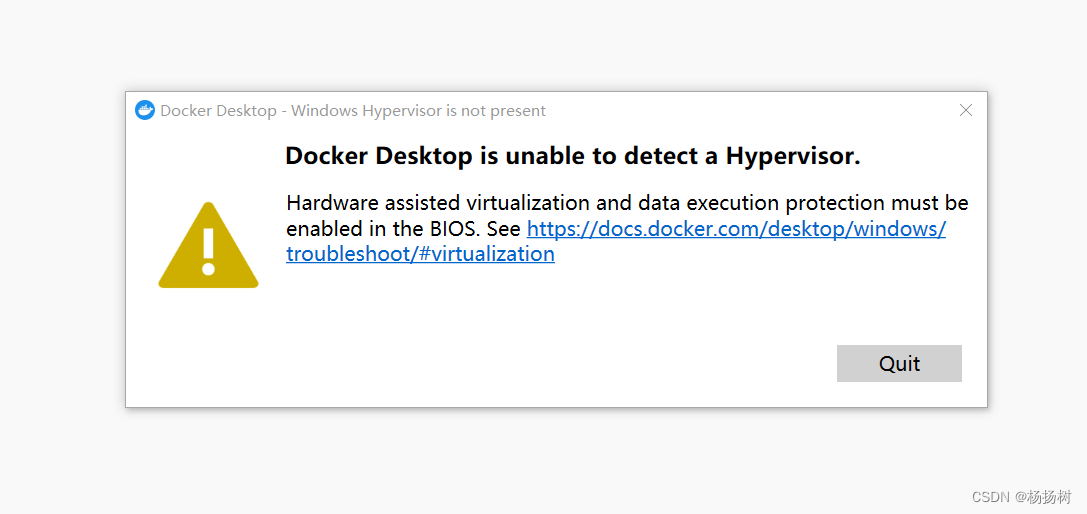 启动docker报错Hardware assisted virtualization and data execution ...