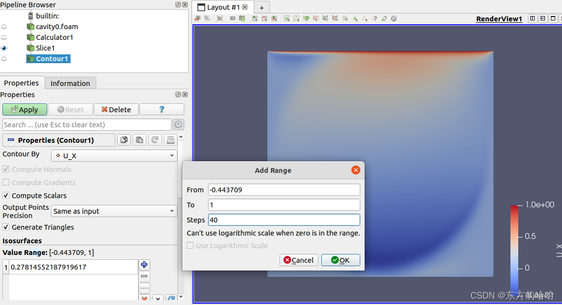 OpenFOAM中的cavity算例在paraview中取速度等值线_paraview等值线图-CSDN博客