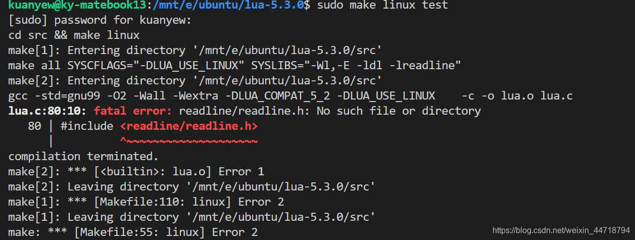 Lua执行make linux test报错fatal error: readline/readline.h: No such file or ...