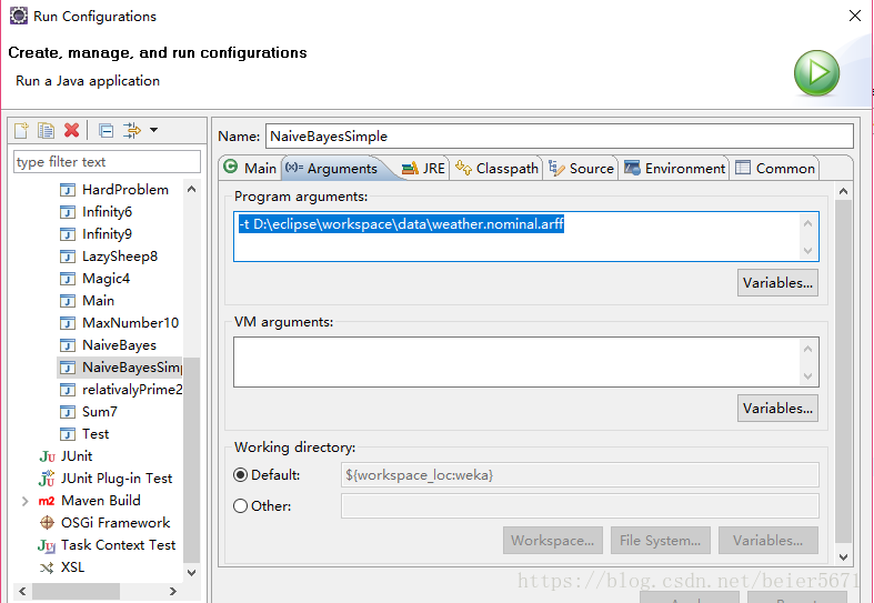 在Eclipse中运行weka的NaiveBayesSimple.java_eclipse调用weka.java文件-CSDN博客