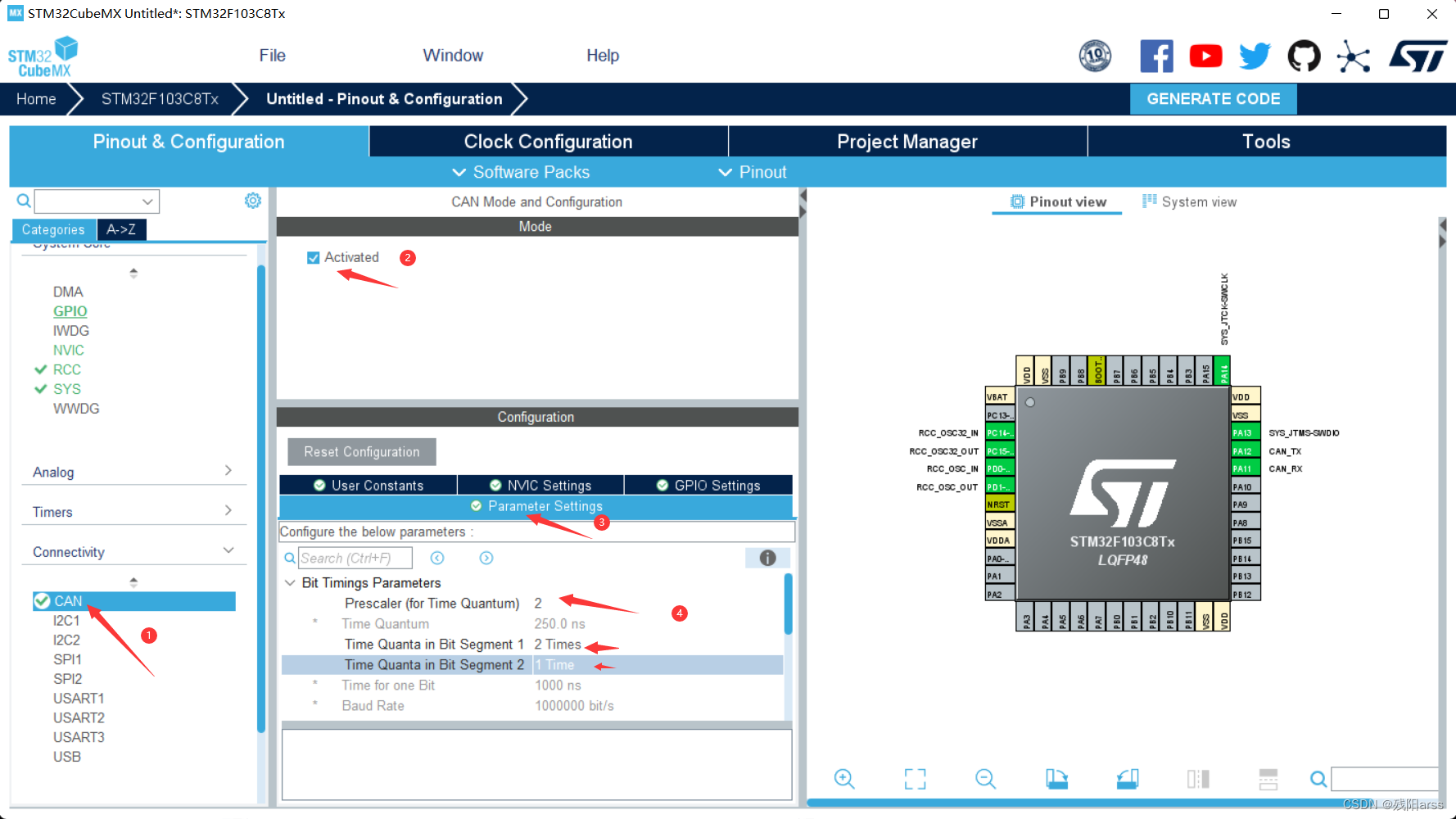 基于stm32f103的HAL库CAN通信控制3508电机开环转动，以及Cube软件如何配置。_stm32f103 hal can-CSDN博客