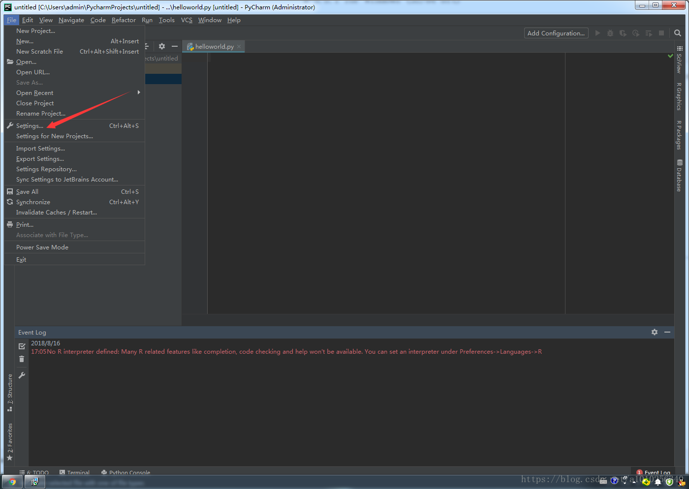 No R interpreter defined: Many R related features like completion, code checking and help won't ...