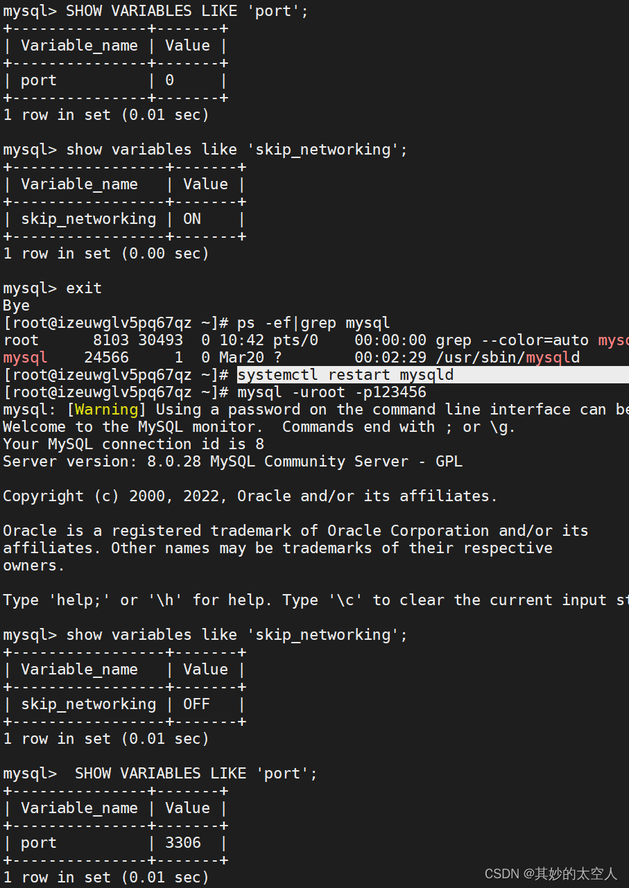 SHOW VARIABLES LIKE ‘port‘；MySQL的端口port=0。navicat无法连接的问题。CentOS系统_mysql port 0-CSDN博客