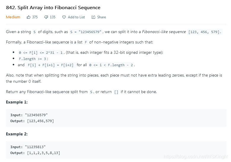 Leetcode 842 Split Array Into Fibonacci Sequenceleetcode842 Java Csdn博客 6399