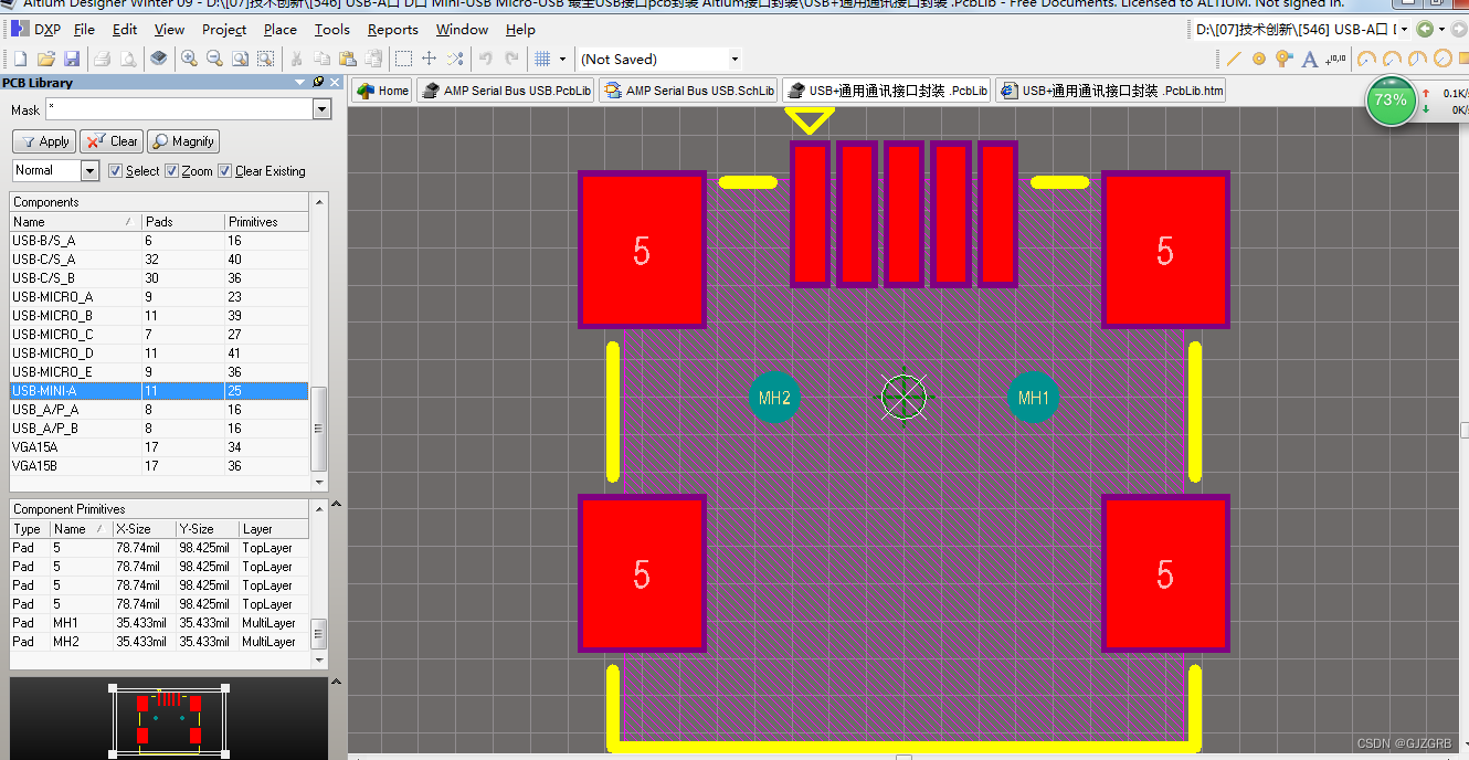 基于USB-A口 D口 Mini-USB Micro-USB 最全USB接口RJ45+TFCARD卡pcb封装 Altium库（AD库 ...