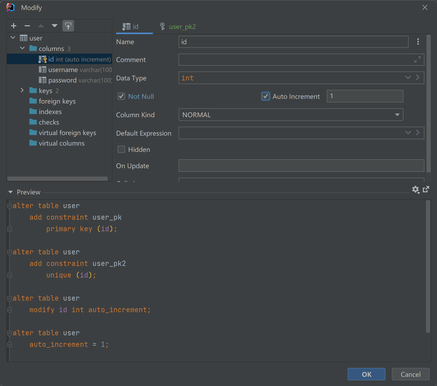 Idea中操作数据库设置列的主键、唯一、非空、递增等属性_idea的modify table-CSDN博客