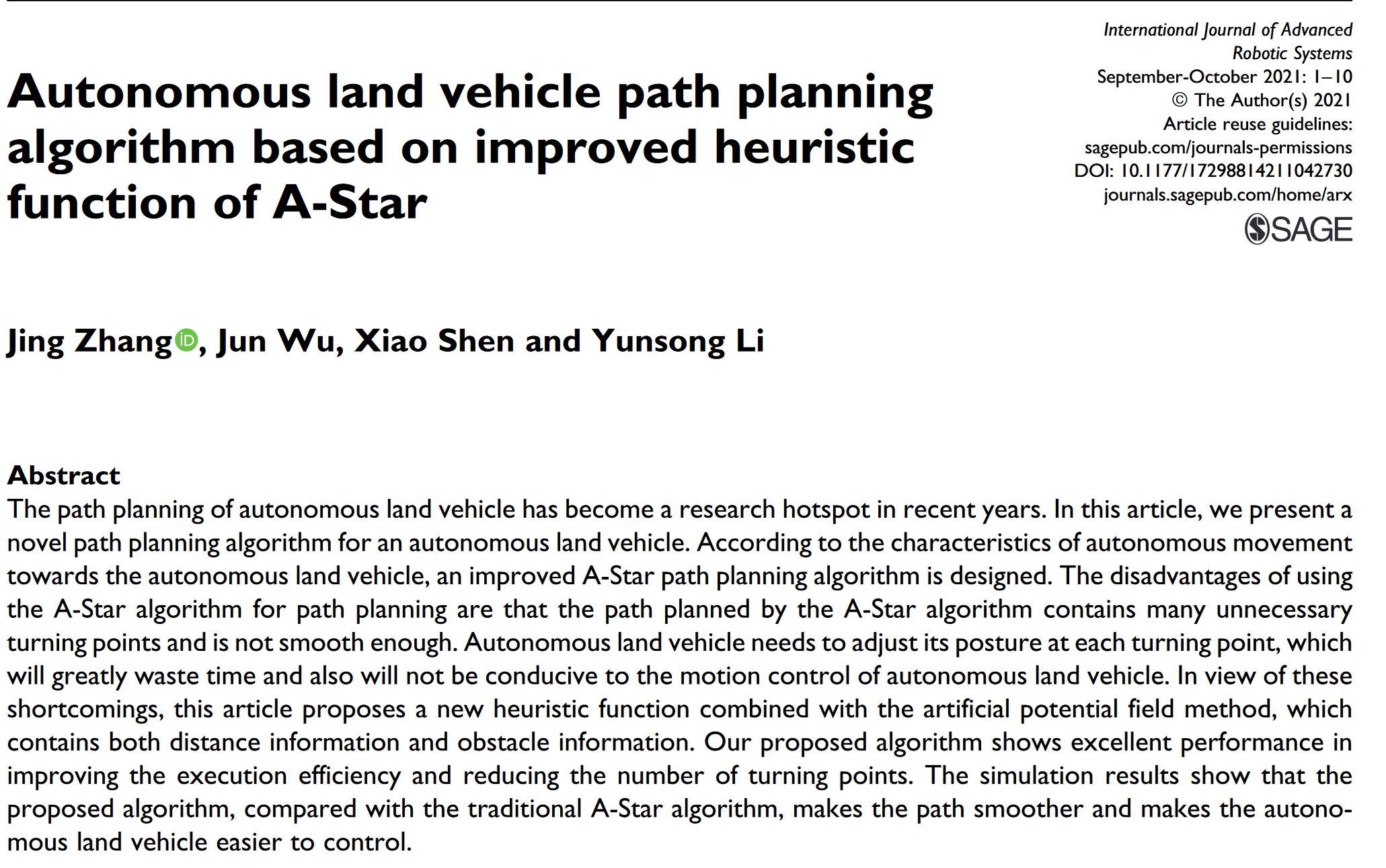 【原文翻译】Autonomous land vehicle path planning algorithm based on improved heuristic function of A ...