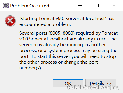 Several ports (8005, 8080) required by Tomcatv9.0 Server at localhost are already in use.Tomcat ...