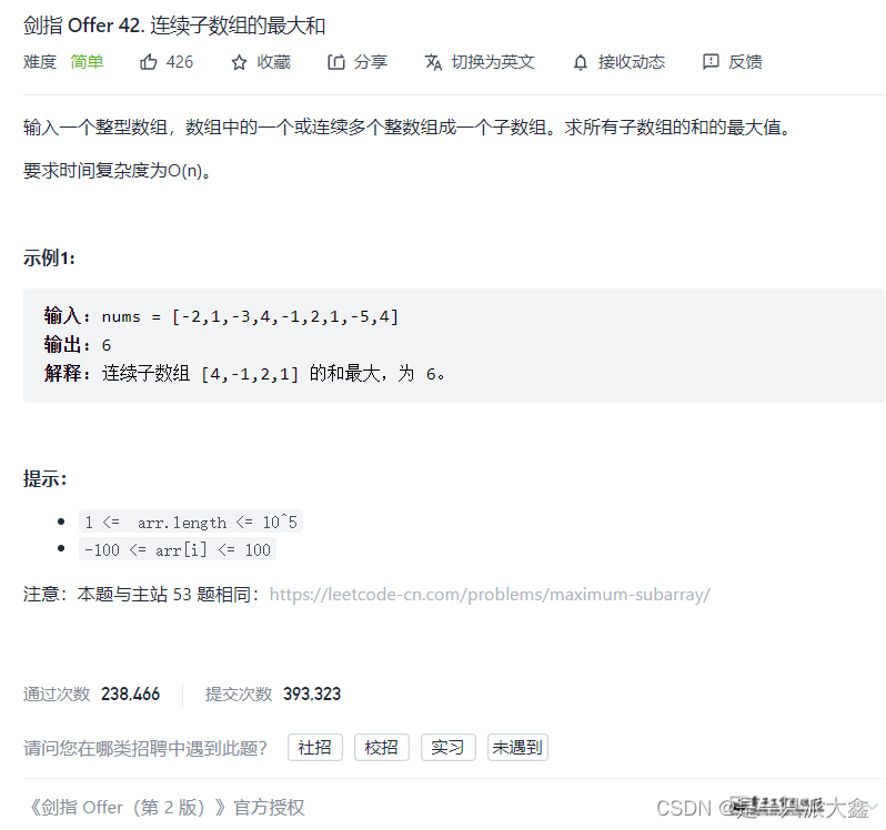 Leetcode——连续子数组的最大和剑指offer 42 Csdn博客