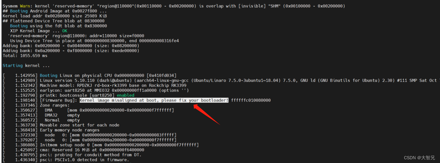 linux5.10的一个警告Kernel image misaligned at boot, please fix your bootloader!_[firmware bug ...
