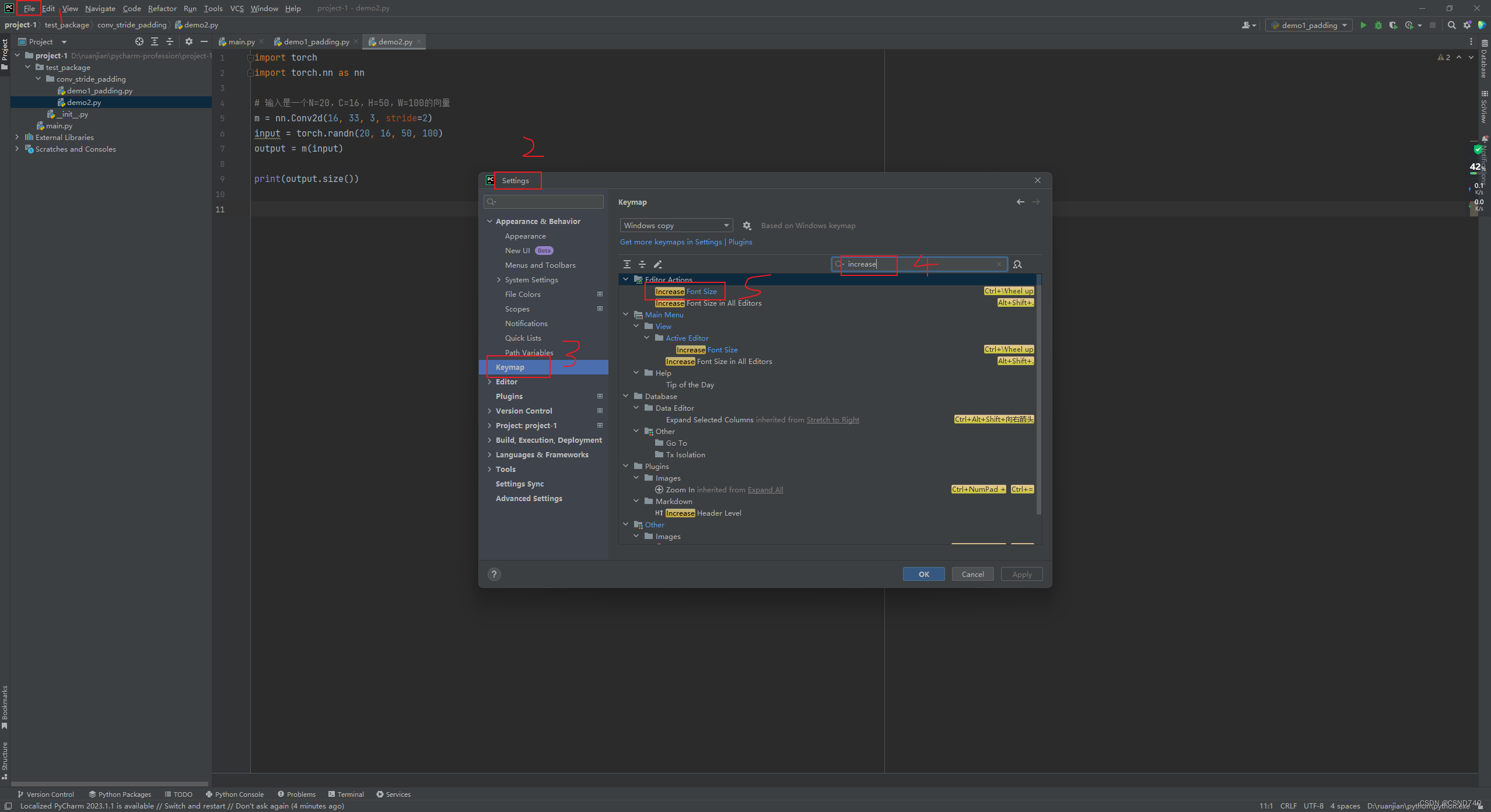 Pycharm设置字体放大（缩小）快捷键，滑轮放大缩小(手把手教！超容易！)（或恢复系统默认字体变换设置)_pycharm设置字体大小快捷键 ...