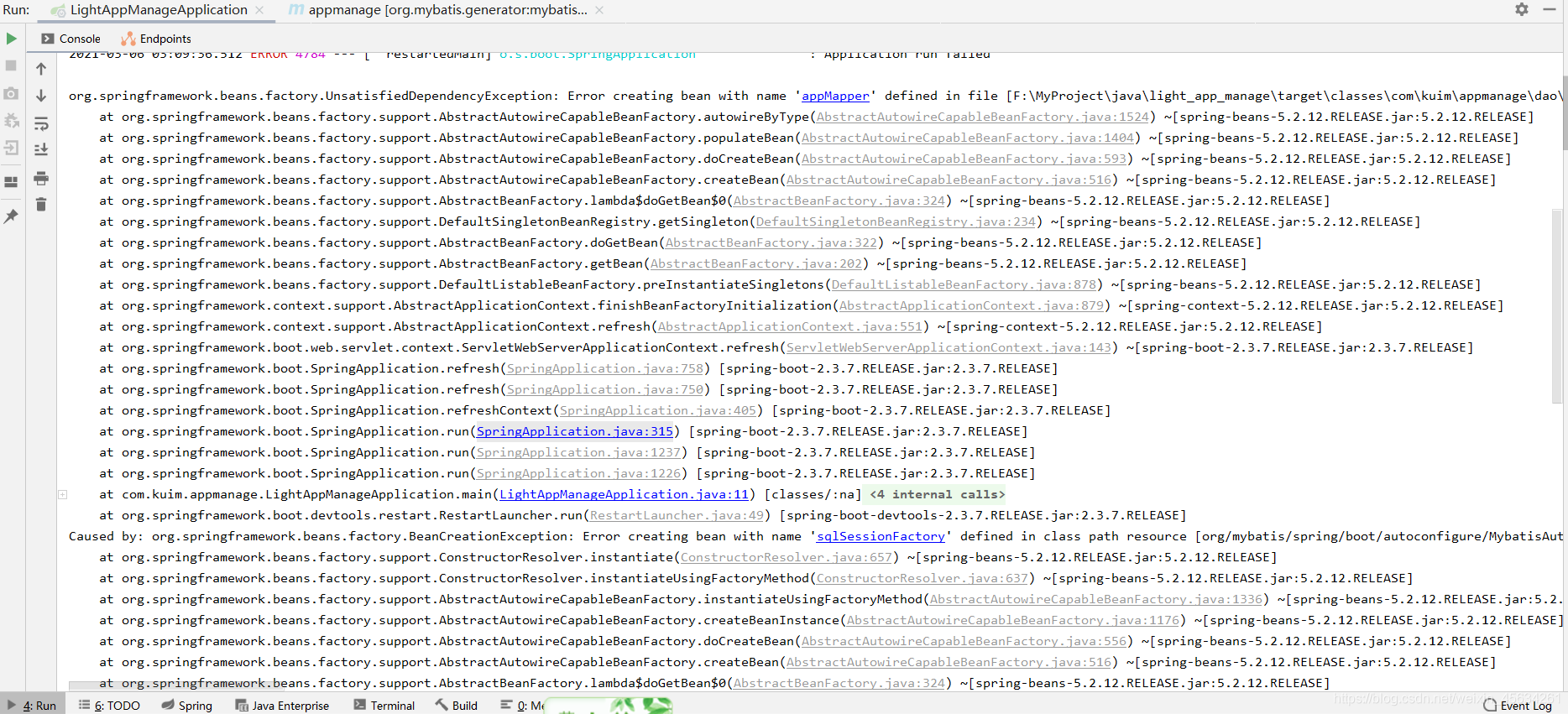 SpringBoot BeanCreationException: Error creating bean with name ‘sqlSessionFactory‘……_error ...