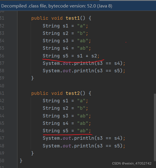 面试题解析String s3 = new String(“a“) + new String(“b“)； s3.intern()； String s4 = “ab“； Sout(s3 == s4 ...