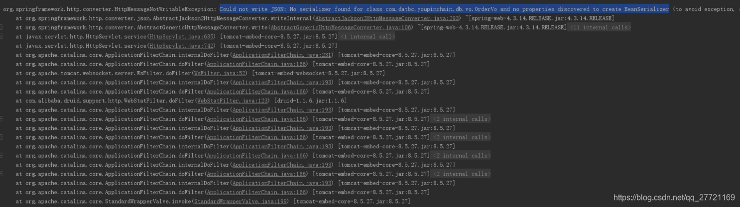 Could not write JSON: No serializer found for class com.datbc.youpinchain.db.vo.OrderVo and no ...