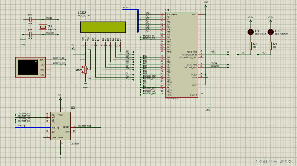 Proteus8.0仿真应用设计（六十三）基于STM32CubeMX、STM32F103C8T6 、FREERTOS、DS12887时钟芯片（并口）的时钟应用设计仿真_STM32（基于 ...