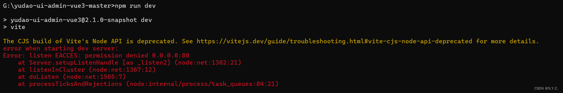 error when starting dev server:Error: listen EACCES: permission denied ...