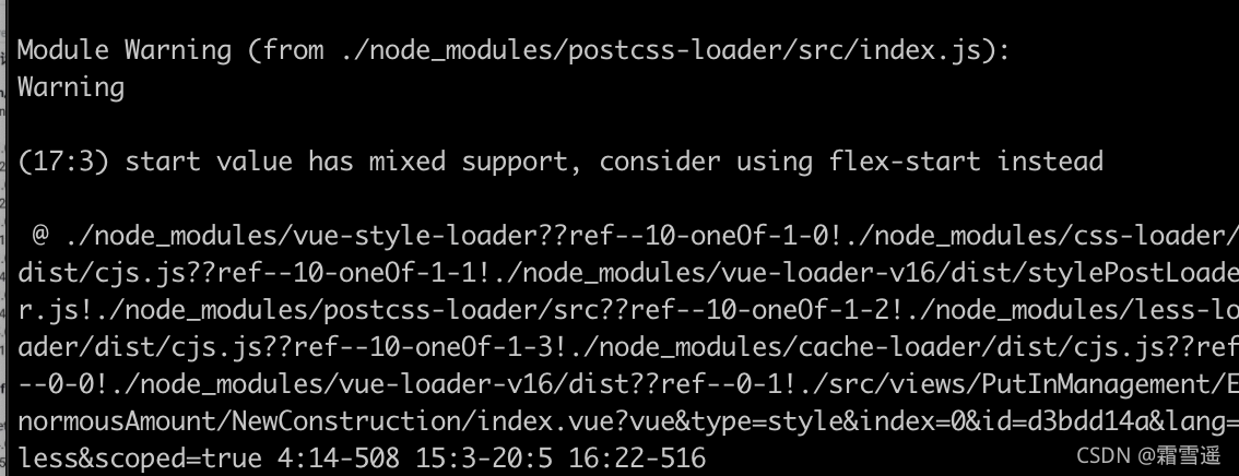Module Warning (from ./node_modules/postcss-loader/src/index.js): Warning start value has mixed ...