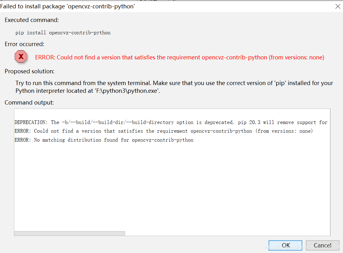 python 3.7 + opencv报错Install packages failed: Installing packages ...