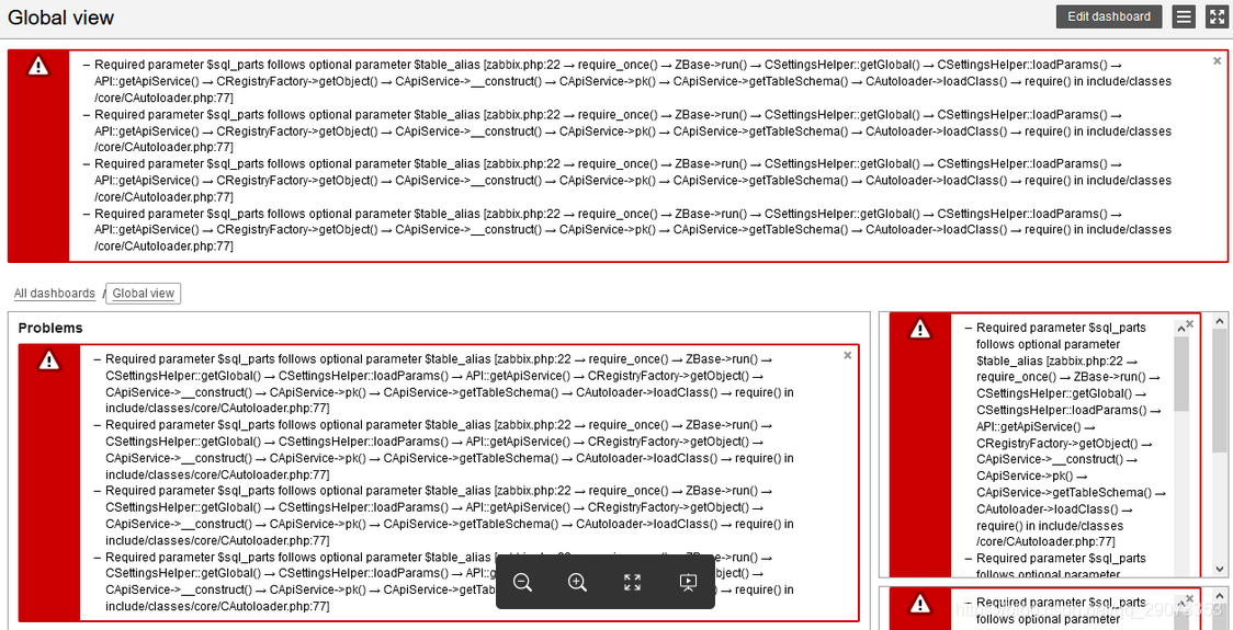 Required parameter $sql_parts follows optional parameter $table_alias [zabbix.php:22 → require ...