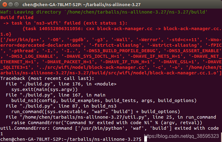 task in 'ns3-wifi' failed或者‘ns3-network‘ failed错误_build failed -> task in 'ns3-basic-sim' failed ...