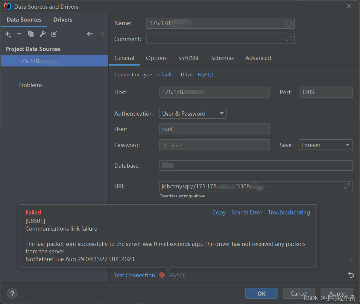 IDEA连接docker下的MySQL问题，错误编号[08S01]_[08s01] communications link failure the last packe-CSDN博客