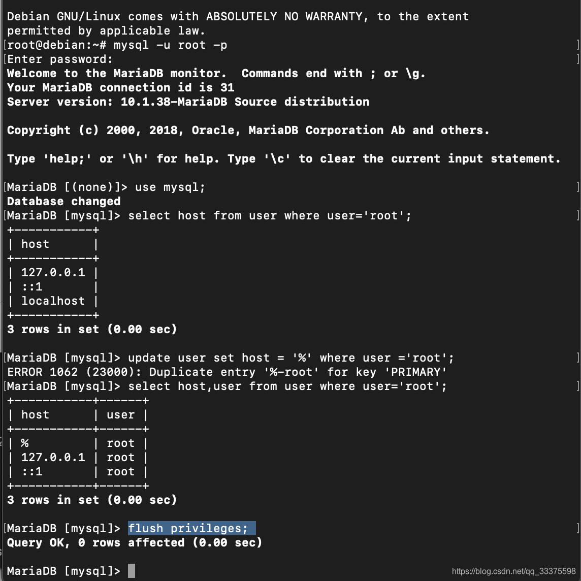 远程连接MariaDB报错——1130 - Host '192.168.64.1' is not allowed to connect to this MariaDB server_hhost ...