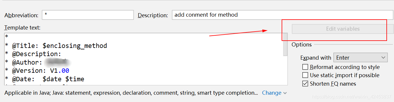 IDEA中设置自定义注释，Edit variables灰色点击不了_idea edit variables-CSDN博客
